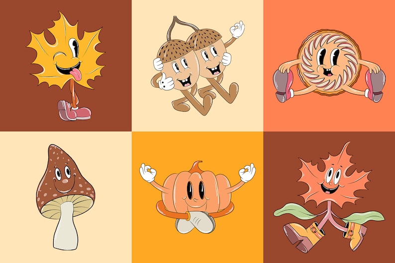 Fall Character Design Collection, Retro Autumn Groovy Clipart, 70's ...