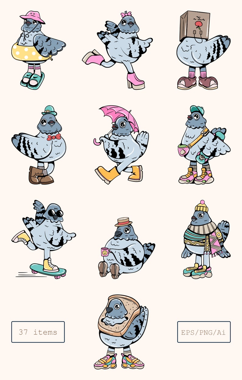 Pigeon Retro Cartoon Character Design Digital Download, Bird Picture ...