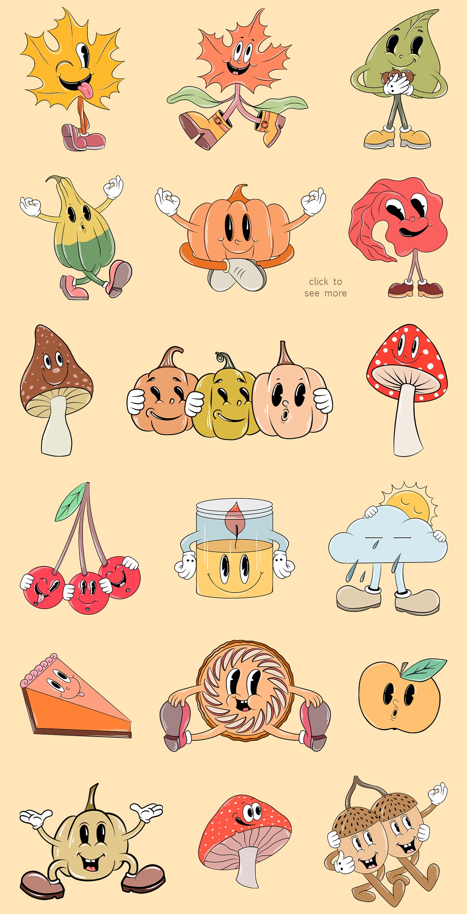 Fall Character Design Collection, Retro Autumn Groovy Clipart, 70's ...