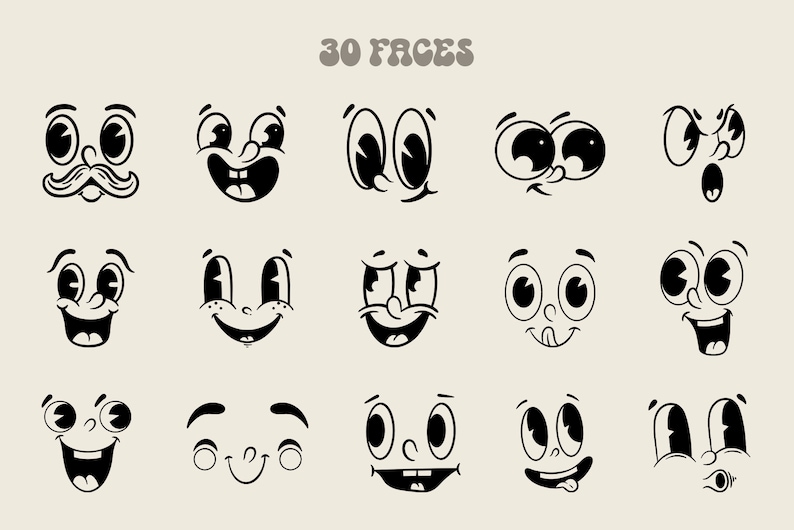 Retro Character Design SVG Clipart, 60s Smiley Face SVG/PNG Collection ...