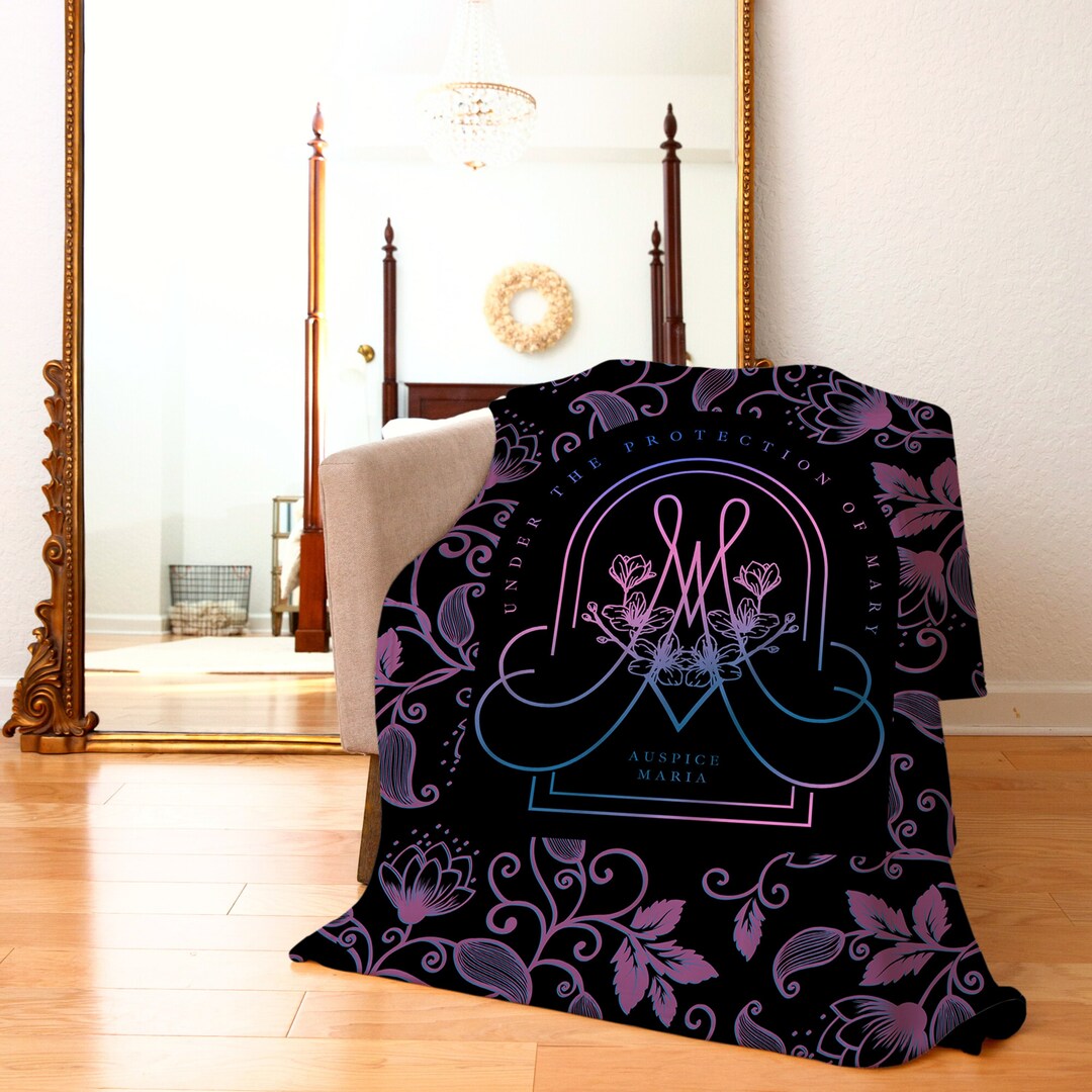 Pink and Blue Floral Auspice Maria Black Blanket, Under the Protection ...
