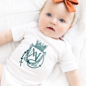 Baby's Blue Auspice Maria Rosary Bodysuit, Protected by Mary, Catholic ...