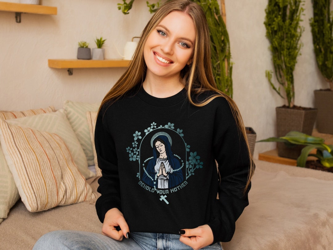 Blue Floral Blessed Virgin Mary Sweatshirt, Behold Your Mother, Marian ...