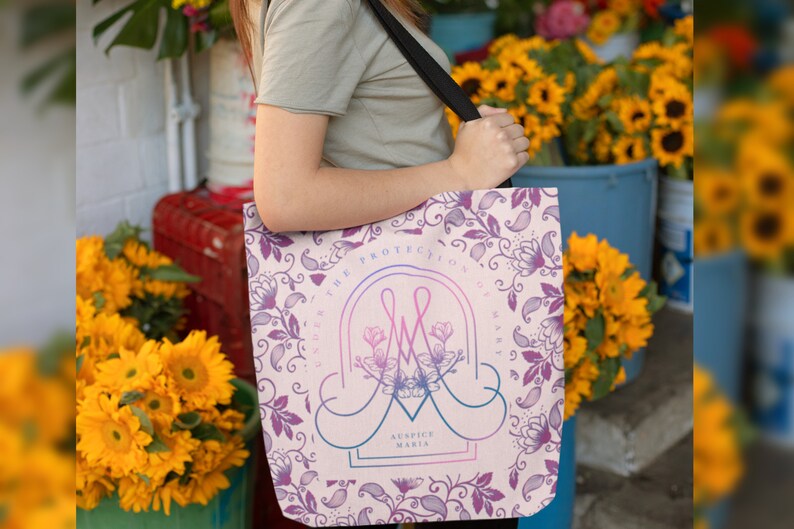 Floral Auspice Maria Pink Tote Bag, Under the Protection of Mary ...