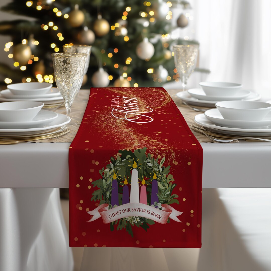 Red Happy Advent Table Runner, Merry Christmas Kitchen Decor, Catholic ...