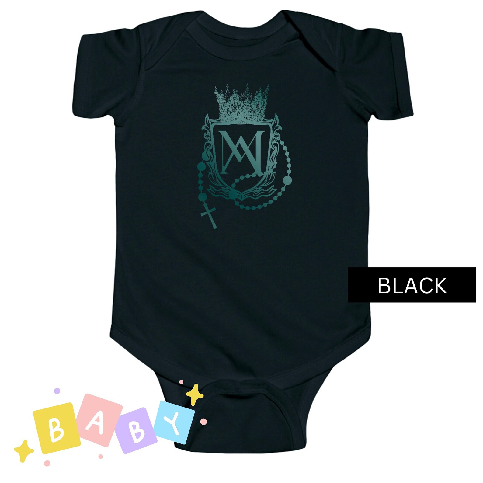 Baby's Blue Auspice Maria Rosary Bodysuit, Protected by Mary, Catholic ...