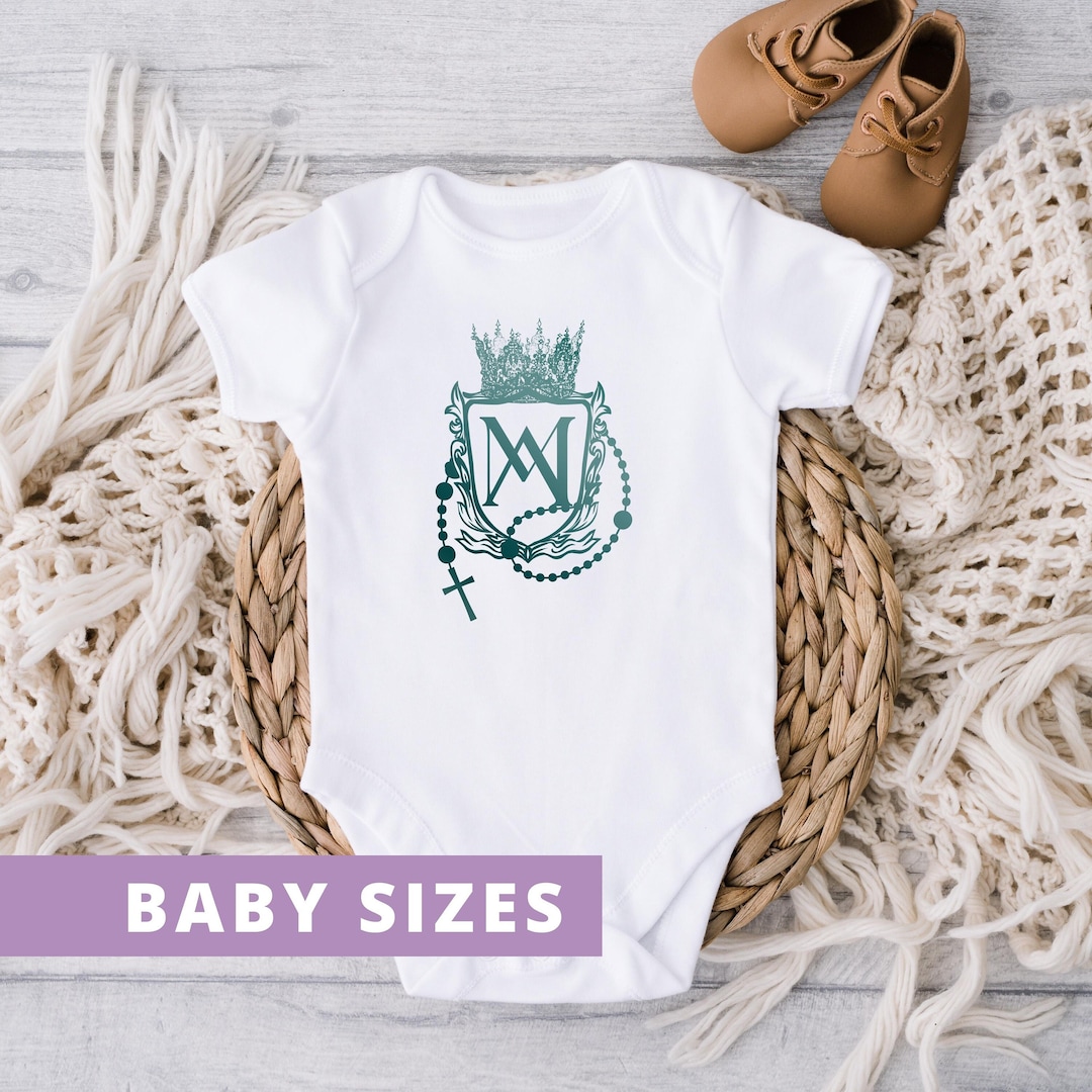 Baby's Blue Auspice Maria Rosary Bodysuit, Protected by Mary, Catholic ...