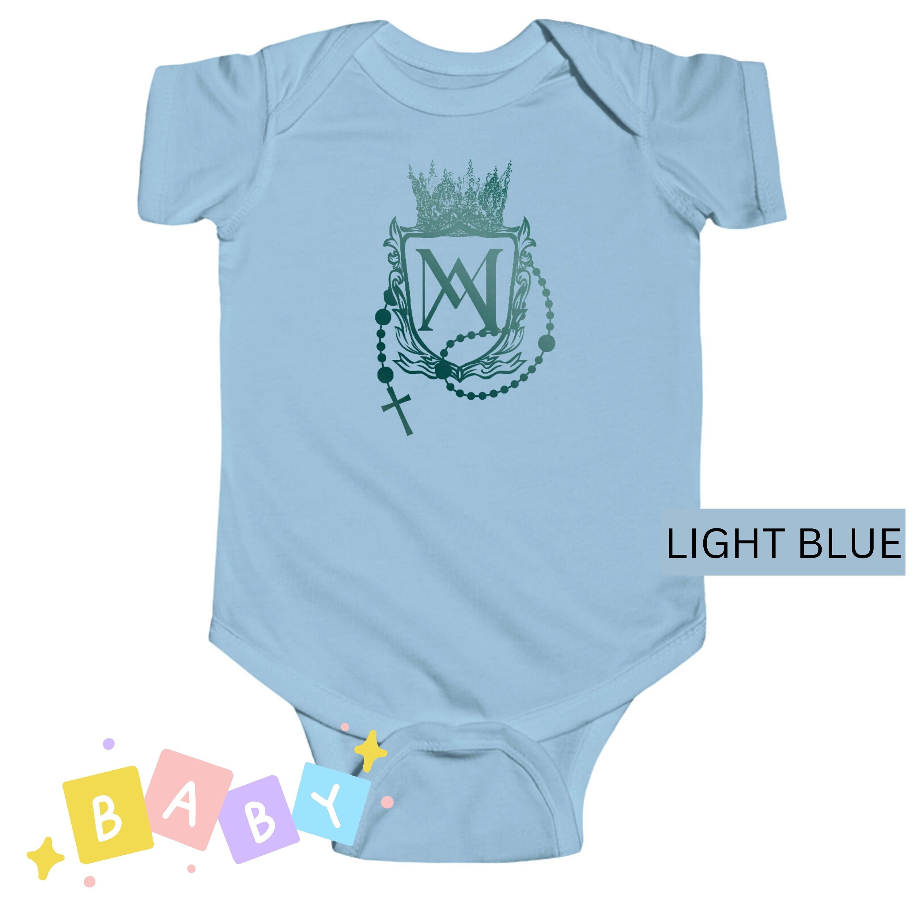 Baby's Blue Auspice Maria Rosary Bodysuit, Protected by Mary, Catholic ...