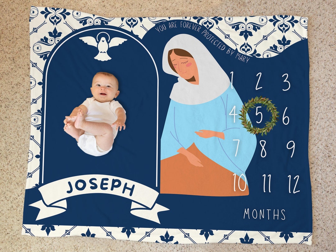 CUSTOMIZABLE Blue Marian Milestone Catholic Baby Blanket, Growth ...