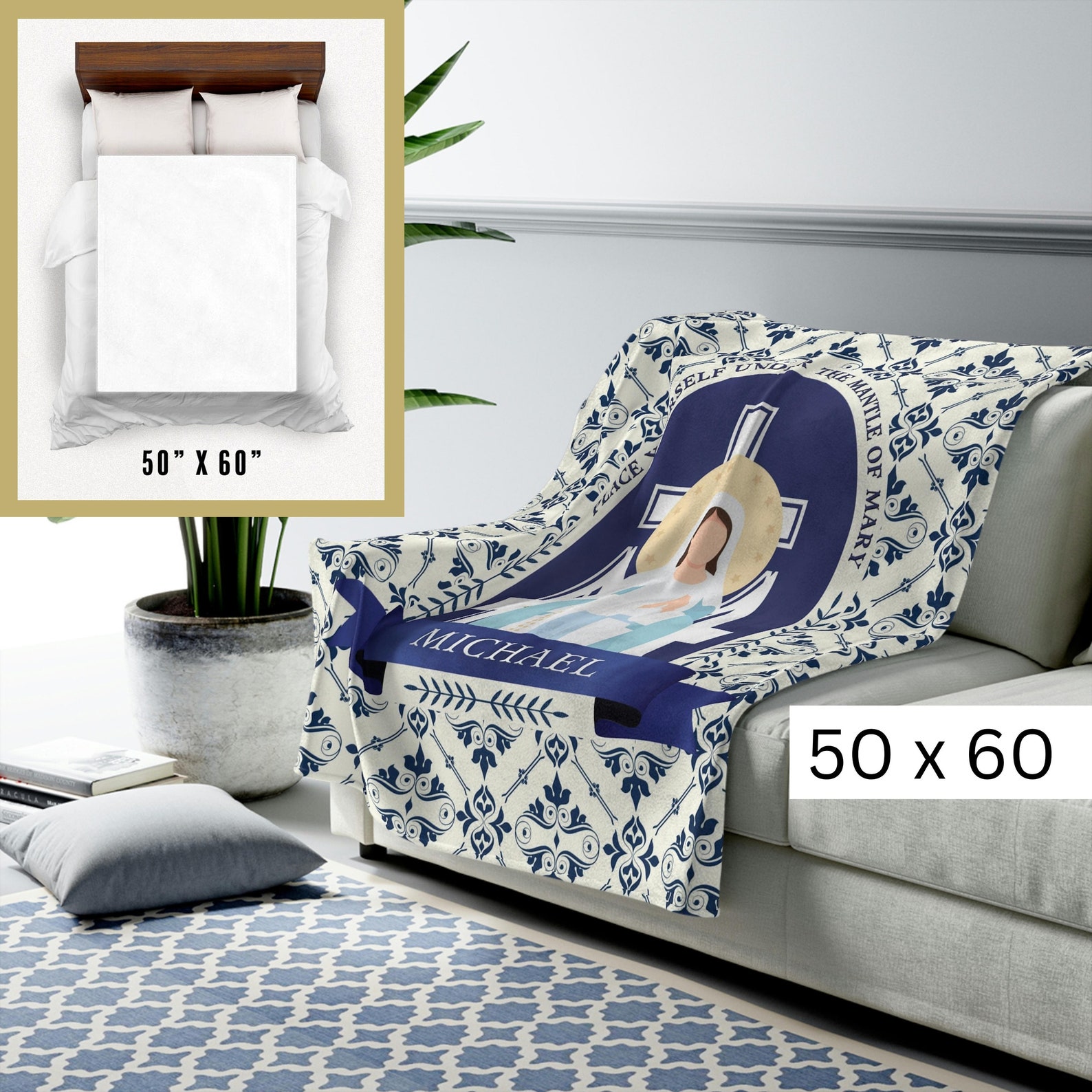 CUSTOMIZABLE Blue Marian Protection Blanket, Under the Mantle of Mary ...