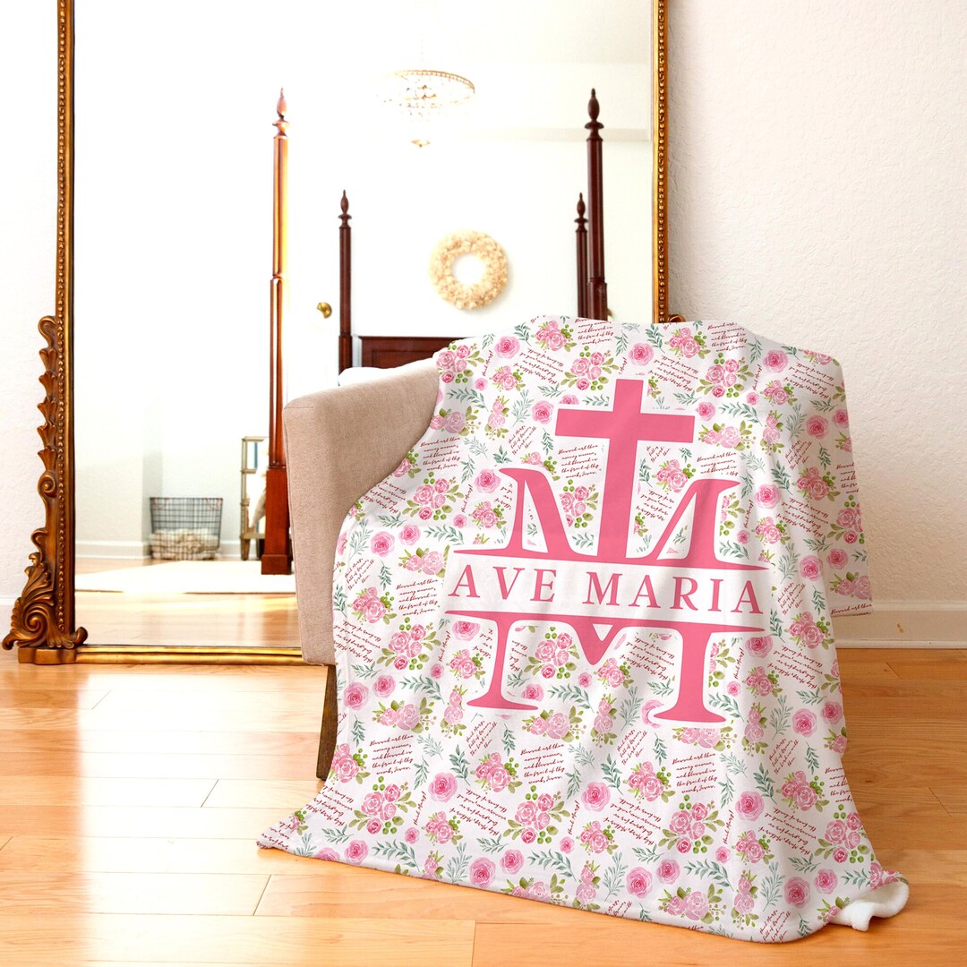 Hail Mary Prayer Blessed Virgin Mary Blanket, Pink Floral Pattern Ave ...