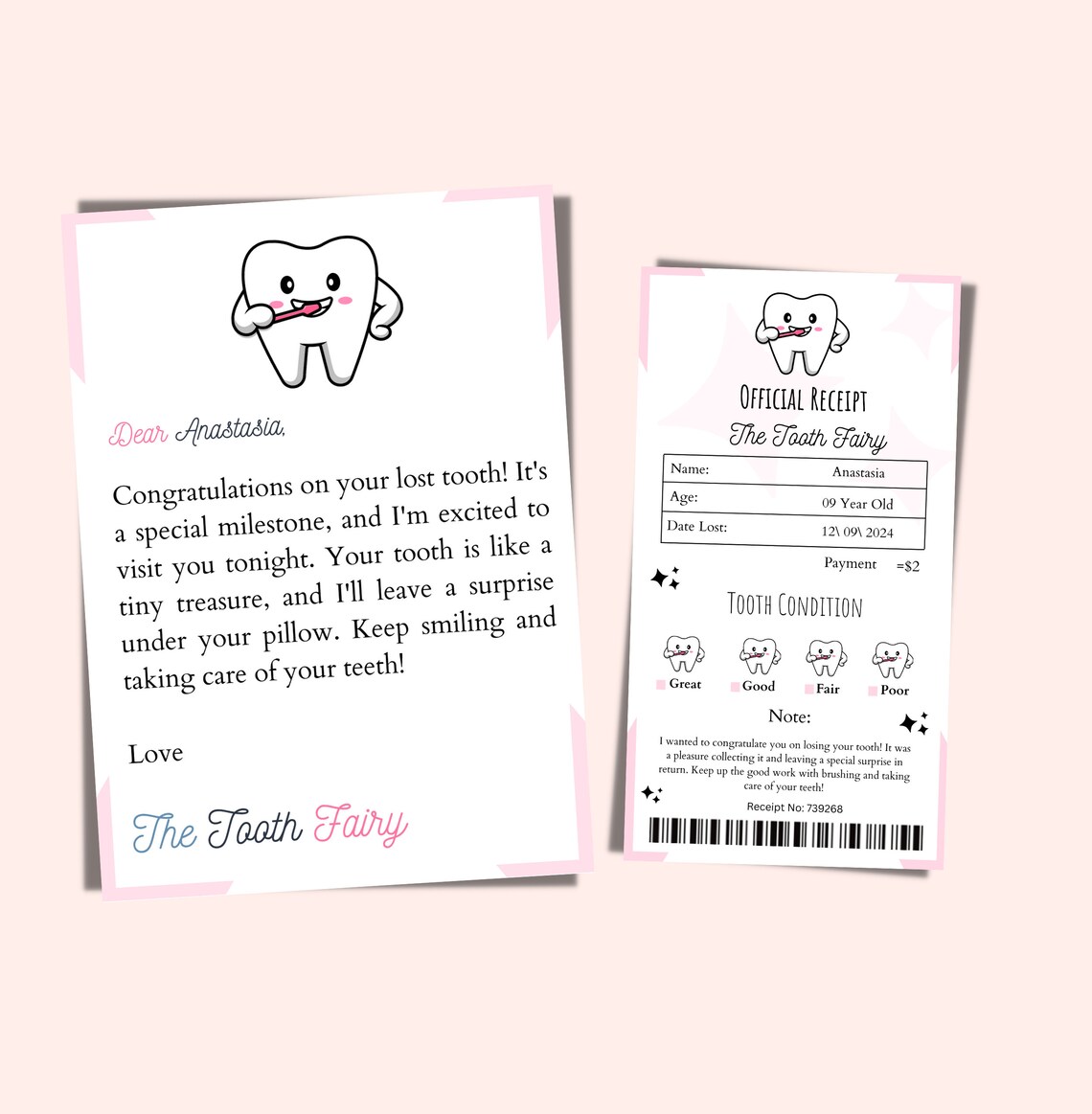 Pink Tooth Fairy Receipt and Letter for Girl, Tooth Fairy Letter, First ...