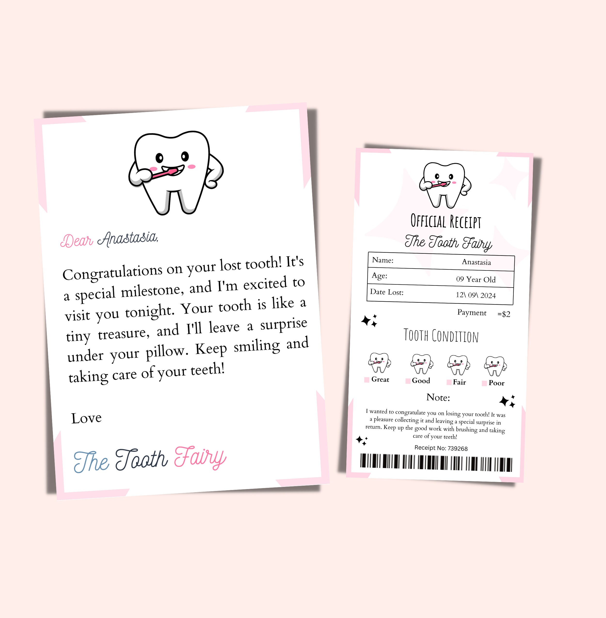 Pink Tooth Fairy Receipt and Letter for Girl, Tooth Fairy Letter, First ...