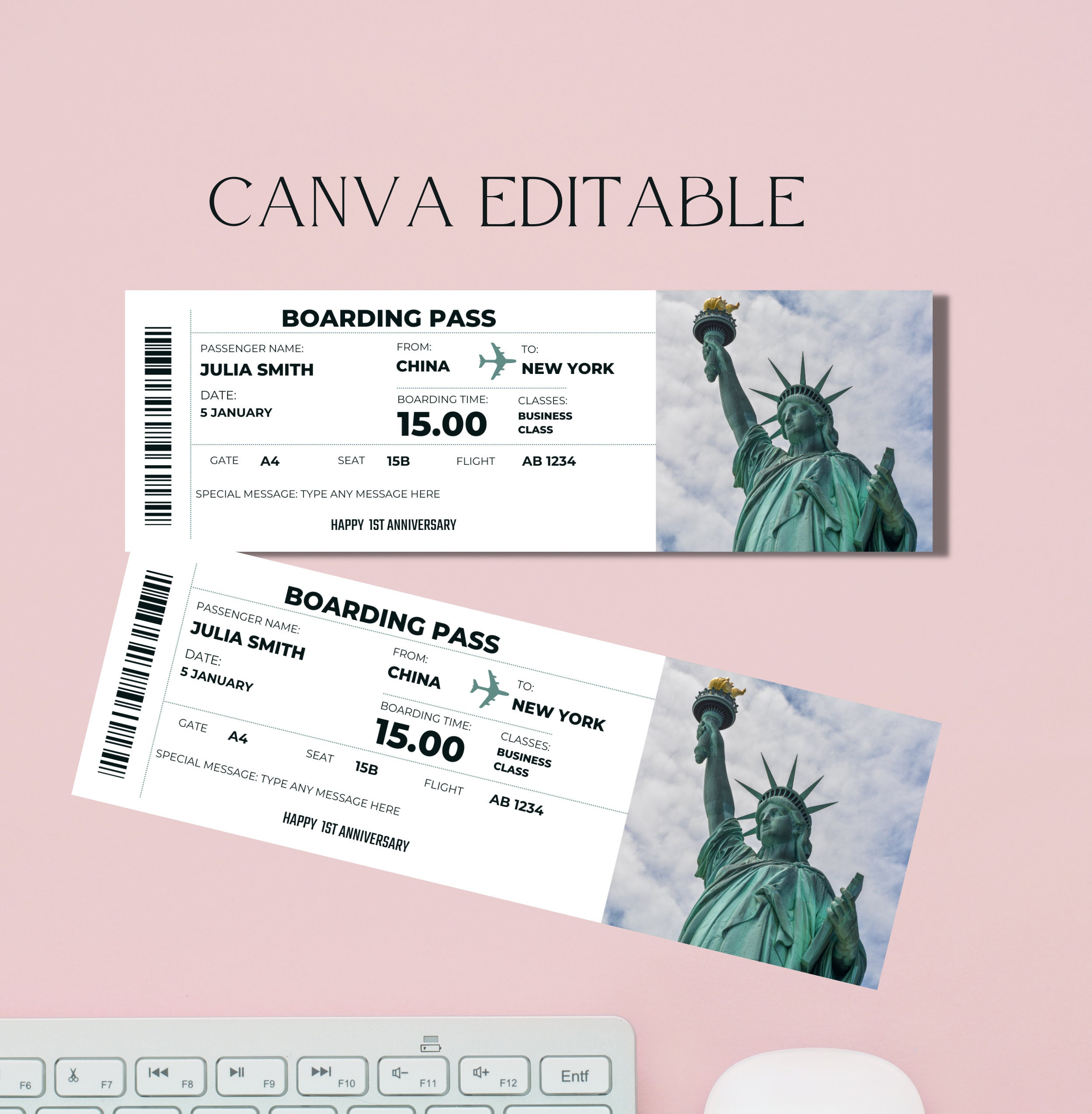 Editable Boarding Pass Ticket Template, Printable Airline Ticket, Canva ...