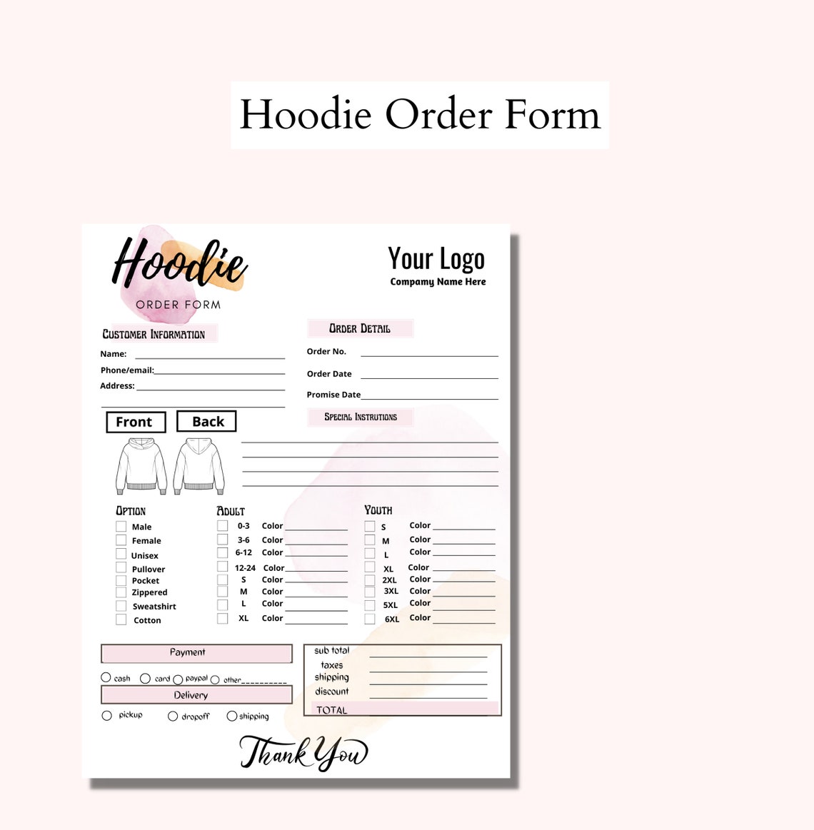 Hoodie Order Form Template Hoodie Order Form for Small Business Hoodie ...
