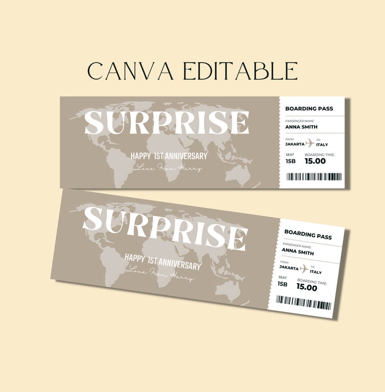 Canva Editable Boarding Ticket Template, Surprise Airline Gift, Modern ...