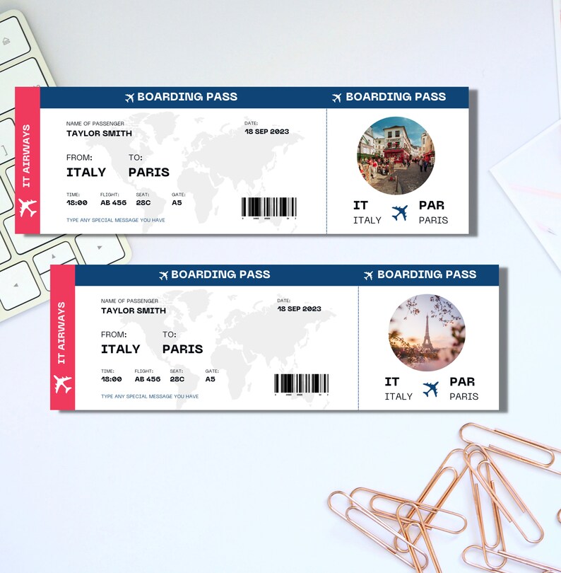 Editable Paris Boarding Ticket Template, Surprise Airline Gift, Modern ...