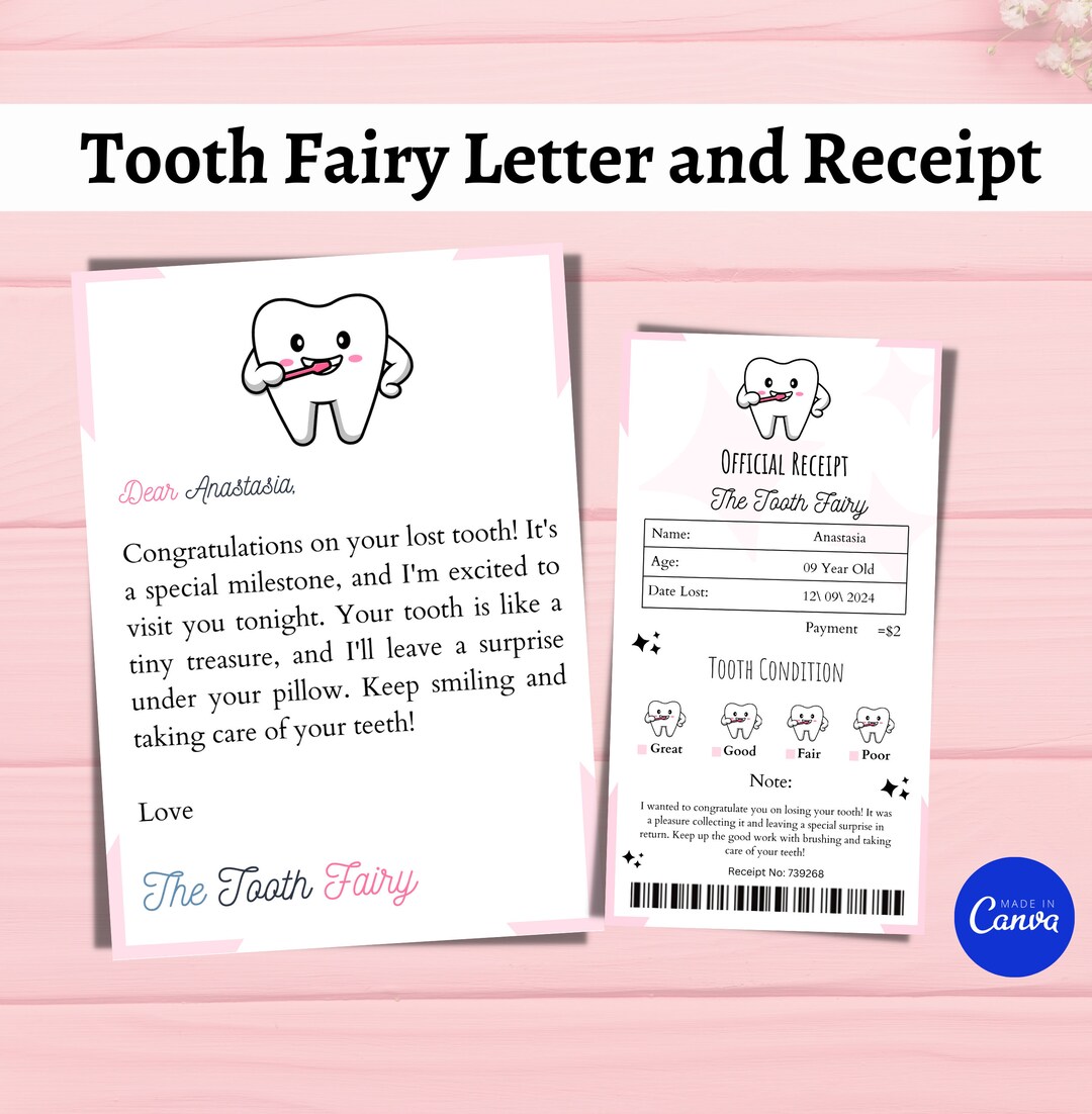 Pink Tooth Fairy Receipt and Letter for Girl, Tooth Fairy Letter, First ...