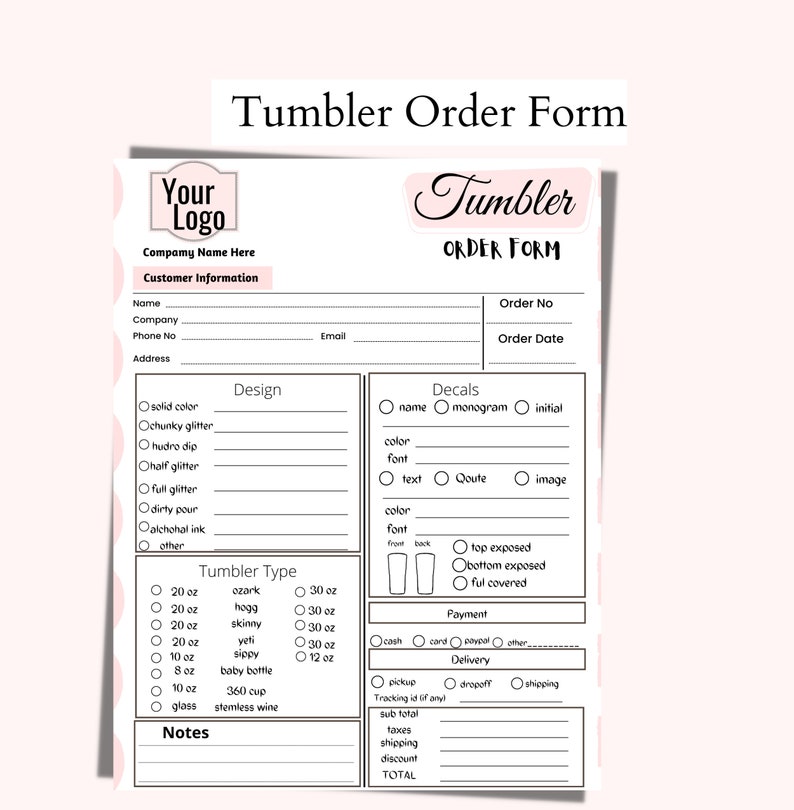 Tumbler Order Form for Small Business Editable Tumbler Order - Etsy
