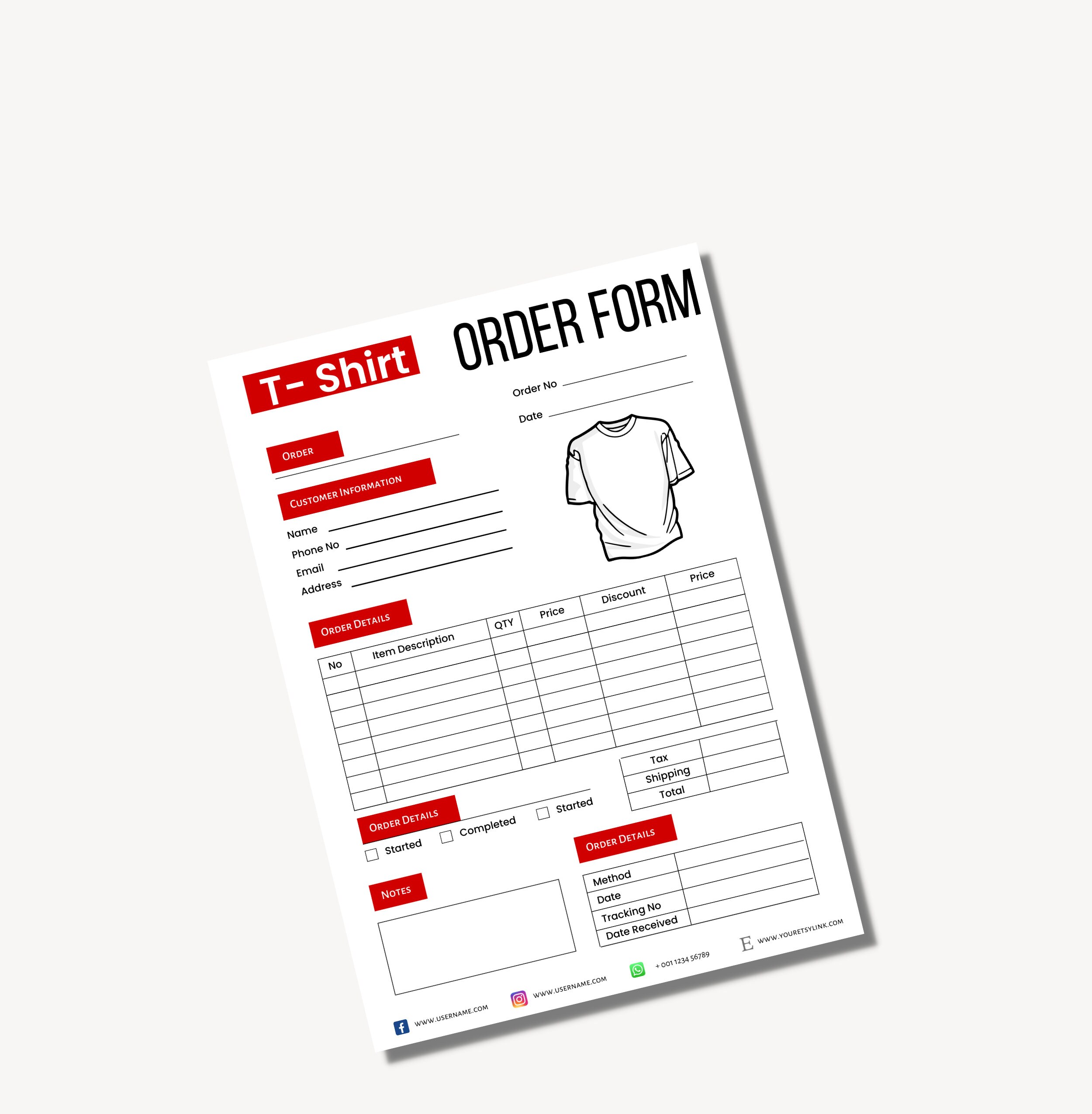 T Shirt Order Form Custom Order Form Editable Order Form Small Business