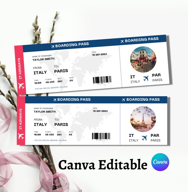 Editable Paris Boarding Ticket Template, Surprise Airline Gift, Modern ...