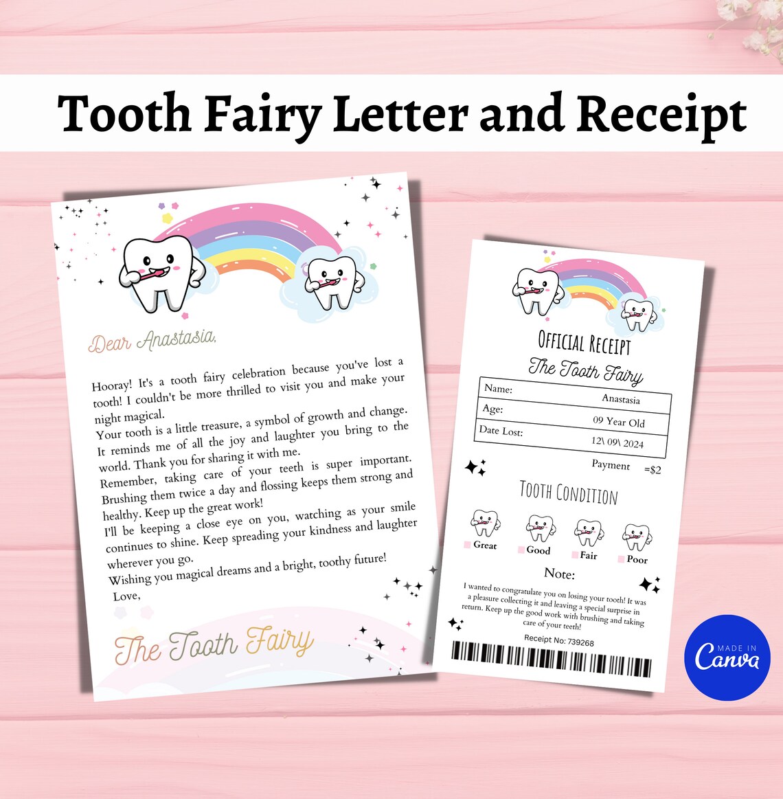Editable Tooth Fairy Receipt and Letter, Tooth Fairy Letter, First ...