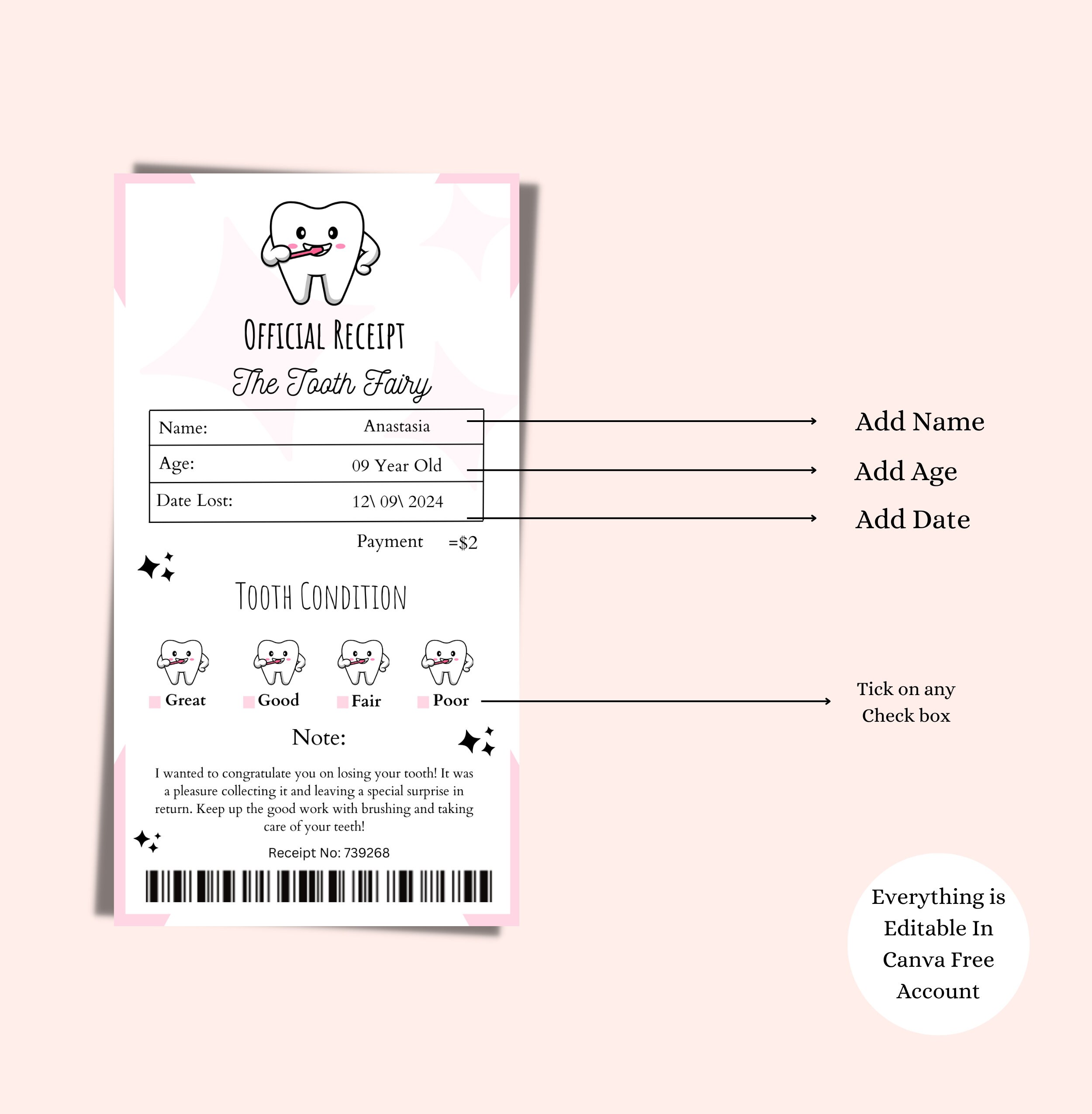 Pink Tooth Fairy Receipt and Letter for Girl Tooth Fairy - Etsy