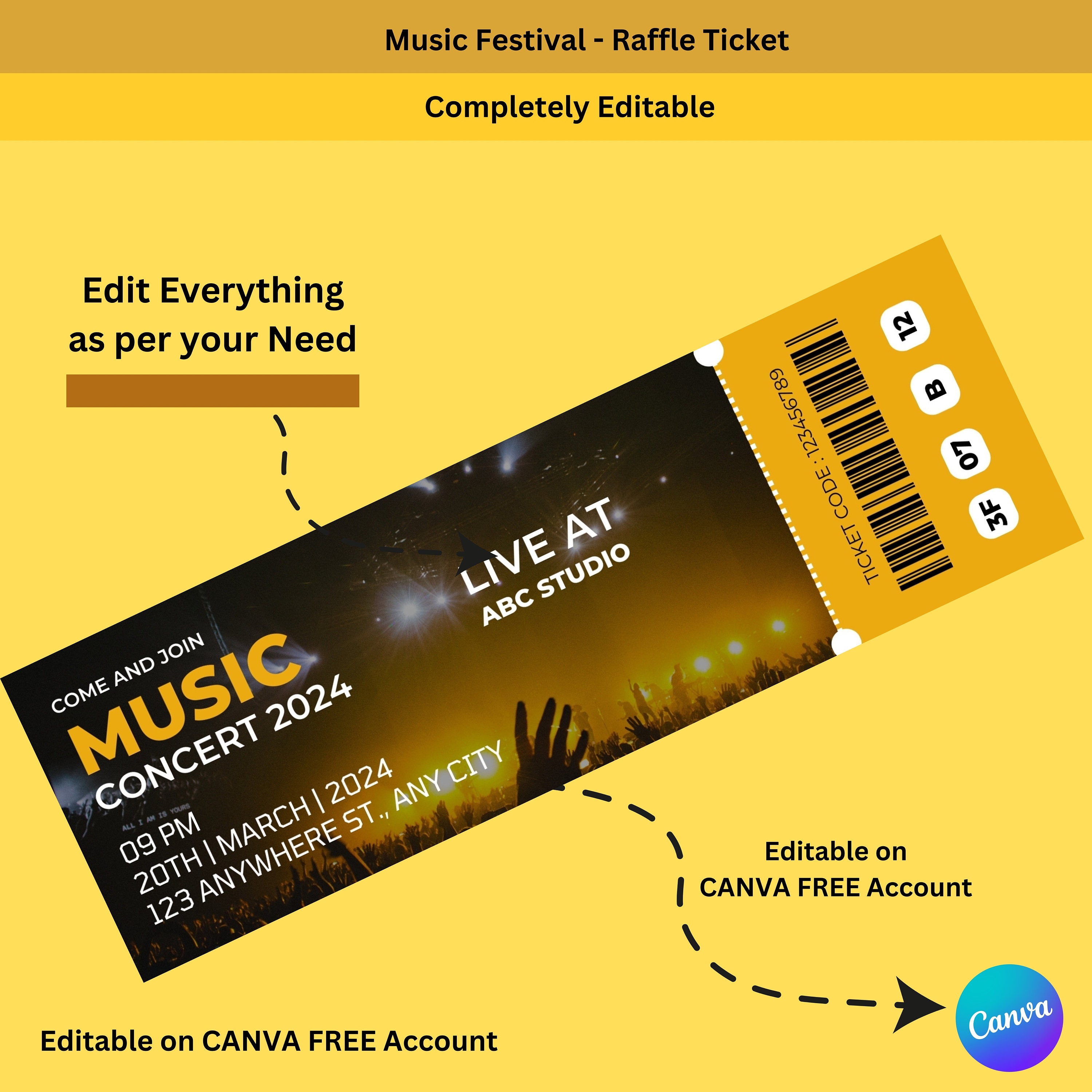 Music Concert Night Party Raffle Ticket Raffle Tickets Editable Raffle ...