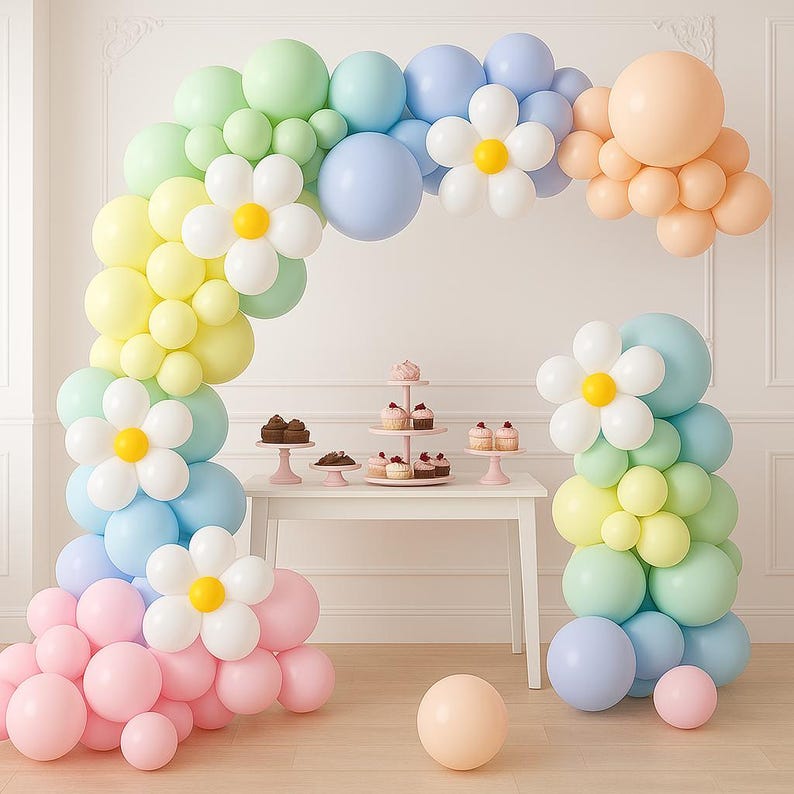 Pastel Balloon Garland Arch Kit With Daisy Flowers, Spring Meadows ...