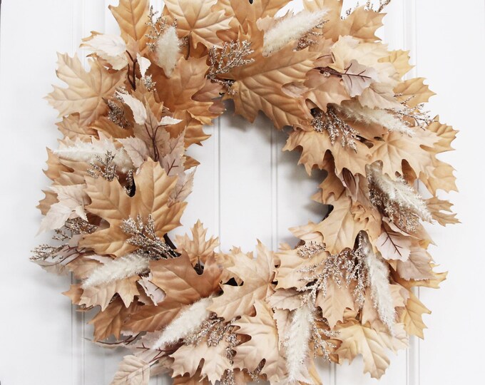 Tan Maple Leaf Pampas Grass Wreath for Front Door, Neutral Fall Wreath ...
