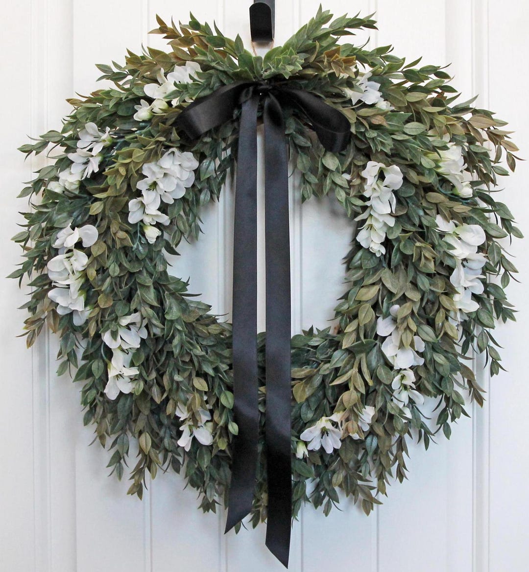 Ruscus Wreath With White Flowers, Modern Cascading Wreath for Front ...