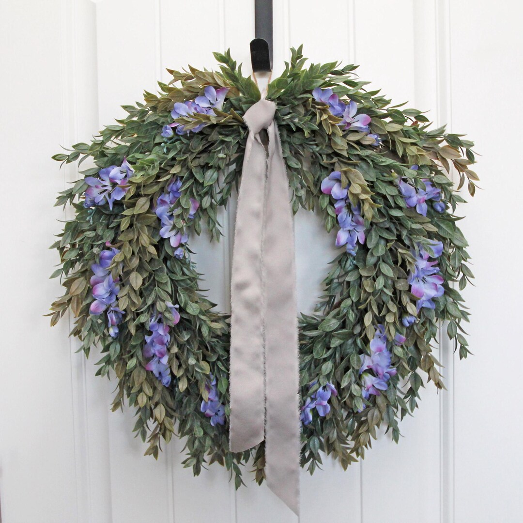 Ruscus Wreath With Purple Flowers and Silver Ribbon, Modern Wreath for ...
