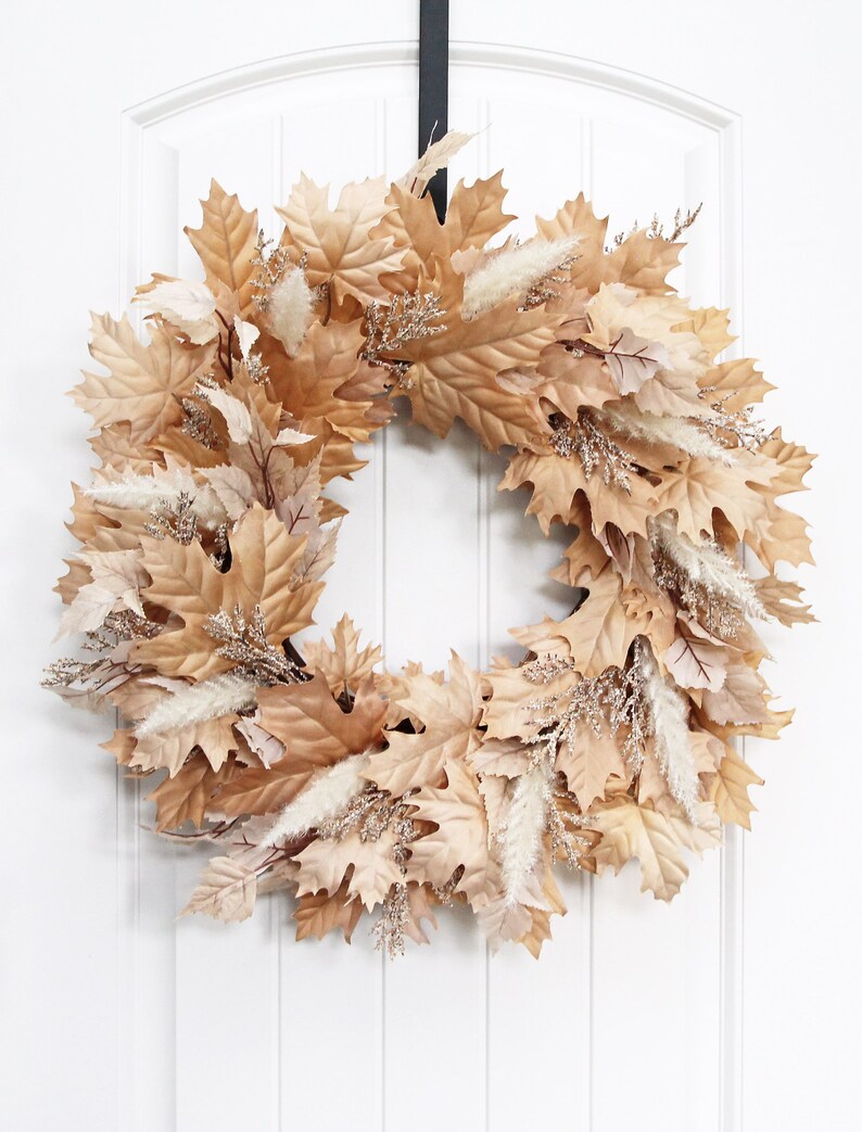 Tan Maple Leaf Pampas Grass Wreath for Front Door Neutral - Etsy
