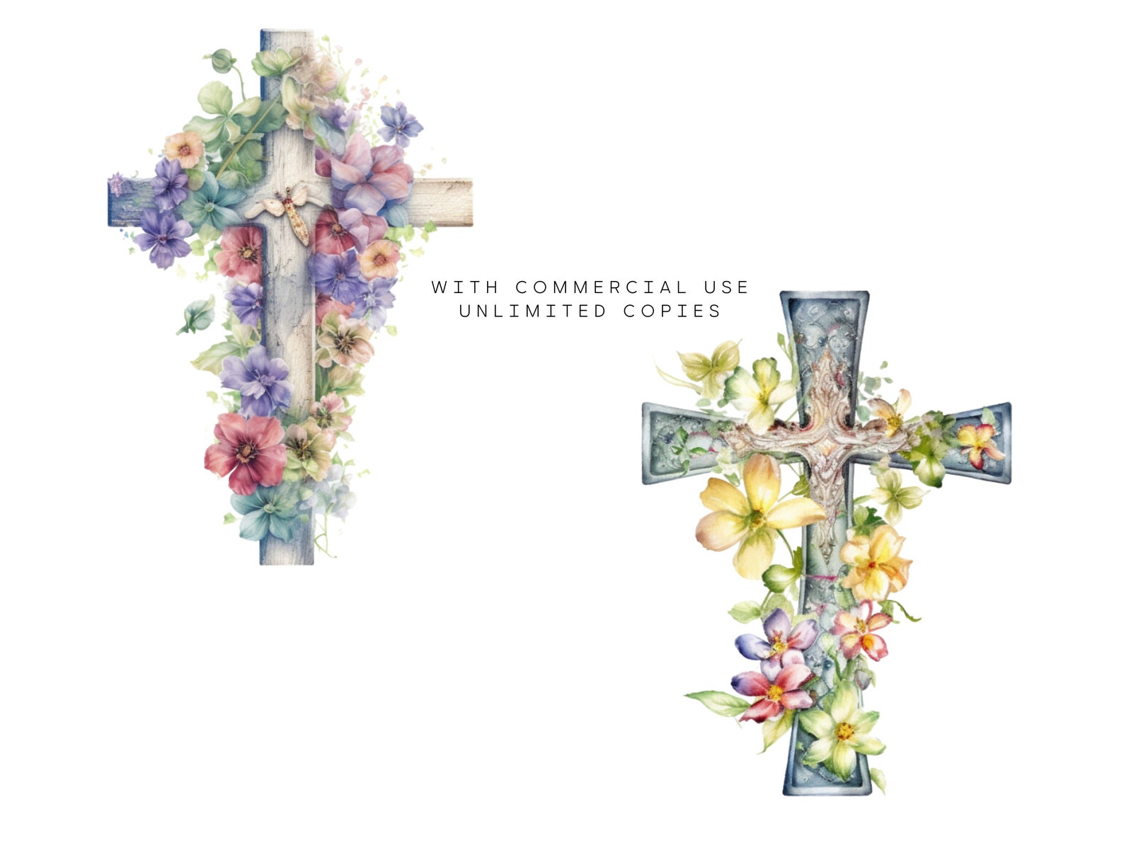Cross & Spring Flowers Set Clipart Watercolor Illustration - Etsy