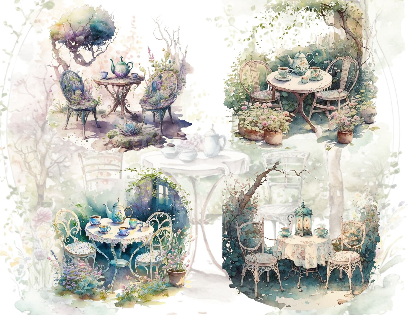 Garden Tea-time Watercolour, Clip-arts, Spring Flowers, Tea Party ...