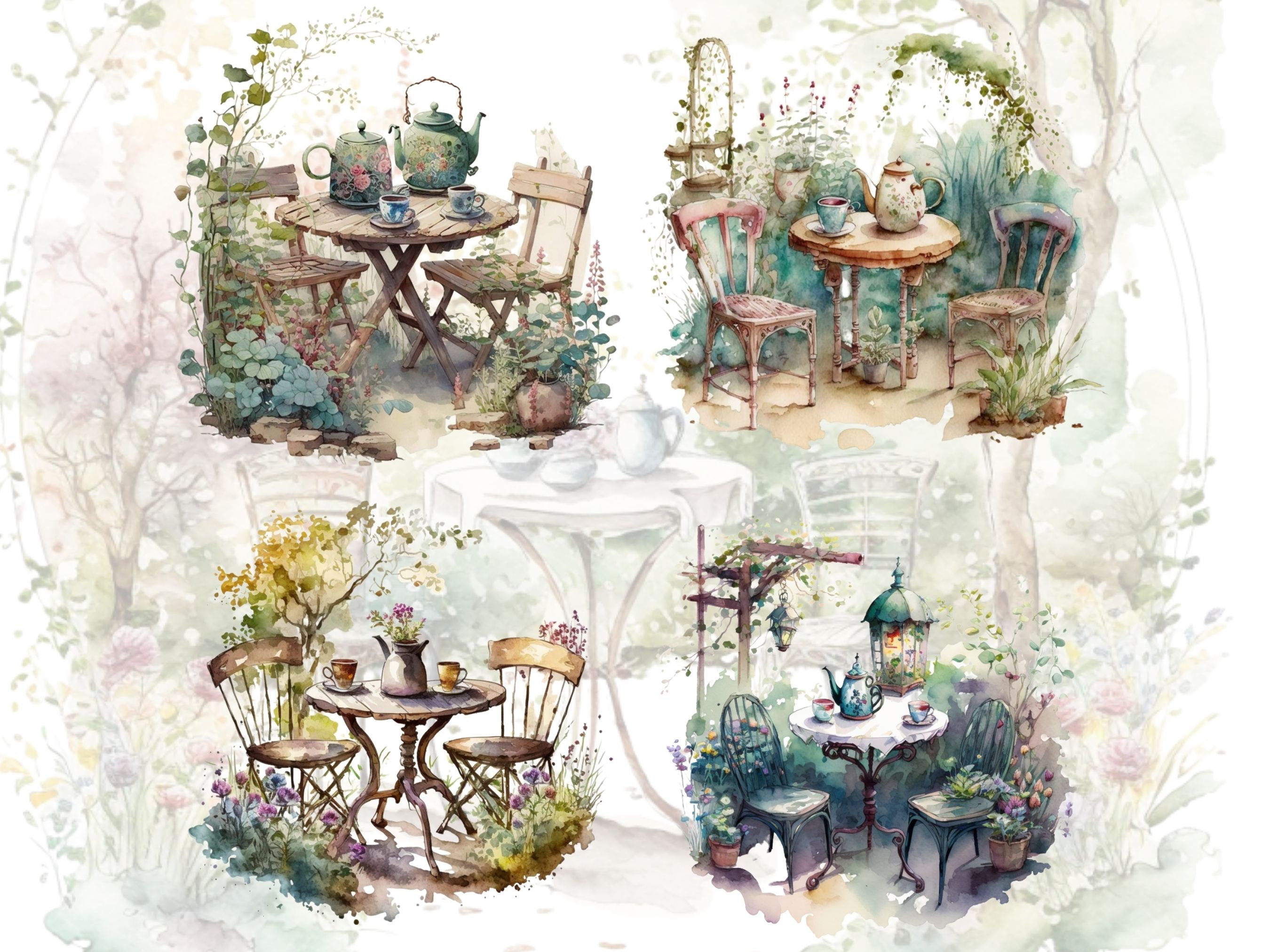 Garden Tea-time Watercolour, Clip-arts, Spring Flowers, Tea Party ...