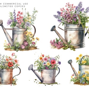 Watering Cans Spring Watercolour Clip-arts, Flowers Illustration, PNG ...