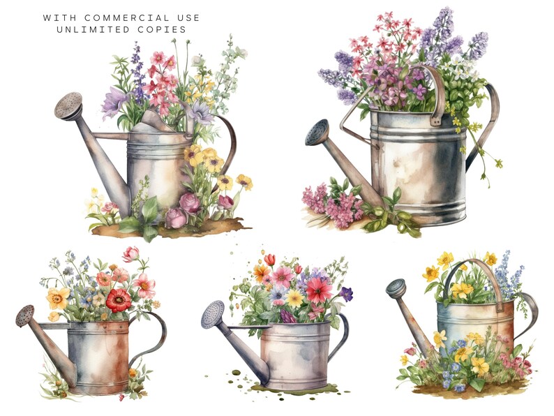 Watering Cans Spring Watercolour Clip-arts, Flowers Illustration, PNG ...