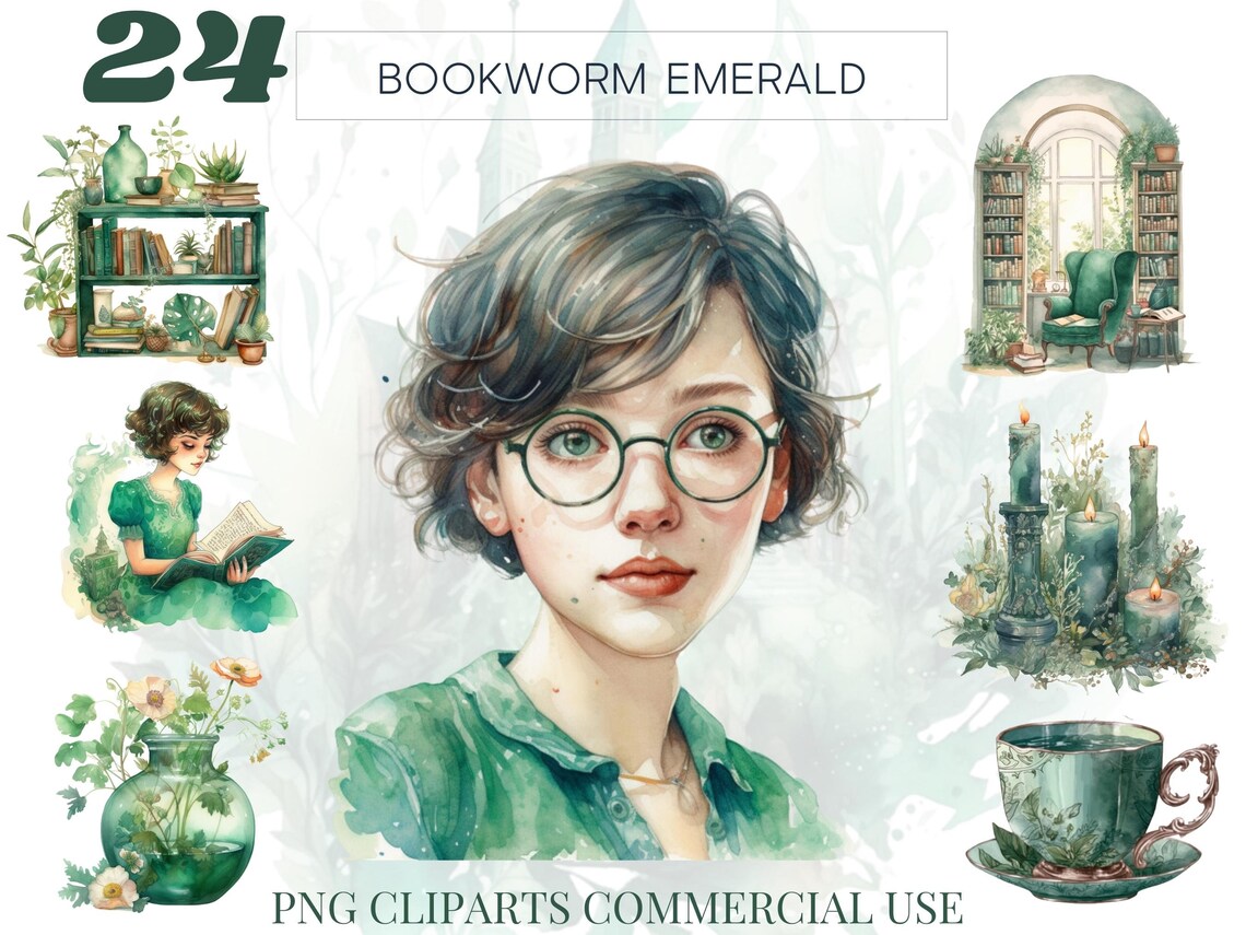 Emerald Green Bookworm Watercolour Set Clipart Bundle, Bookshelf, Open ...