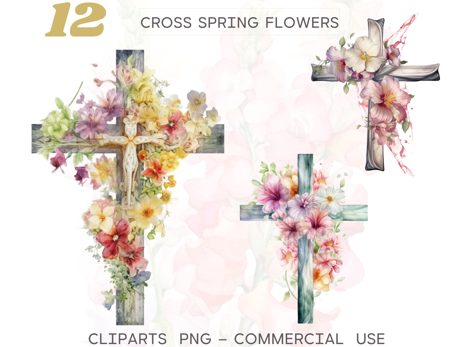 Cross & Spring Flowers Set Clipart Watercolor Illustration - Etsy