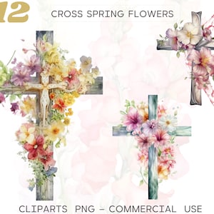Cross & Spring Flowers Set Clipart Watercolor Illustration, Bundle ...
