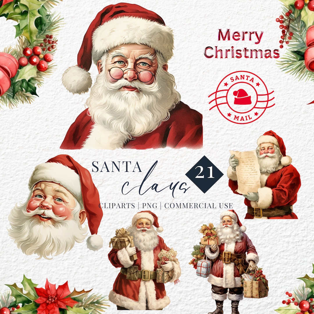 Vintage Santa Claus Clipart, Greetings Card, Christmas Card, Elements ...