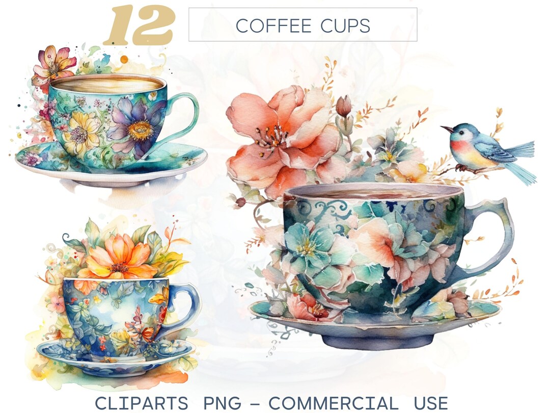 COFFEE CUPS Spring Flowers Illustration, Watercolour Clip-arts, PNG ...