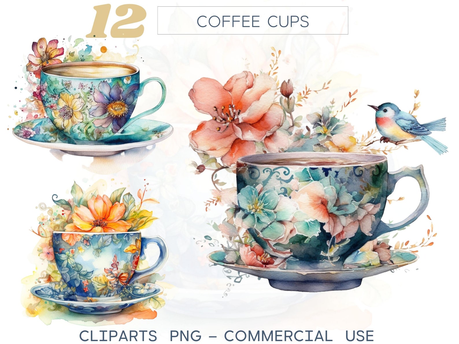 COFFEE CUPS Spring Flowers Illustration, Watercolour Clip-arts, PNG ...
