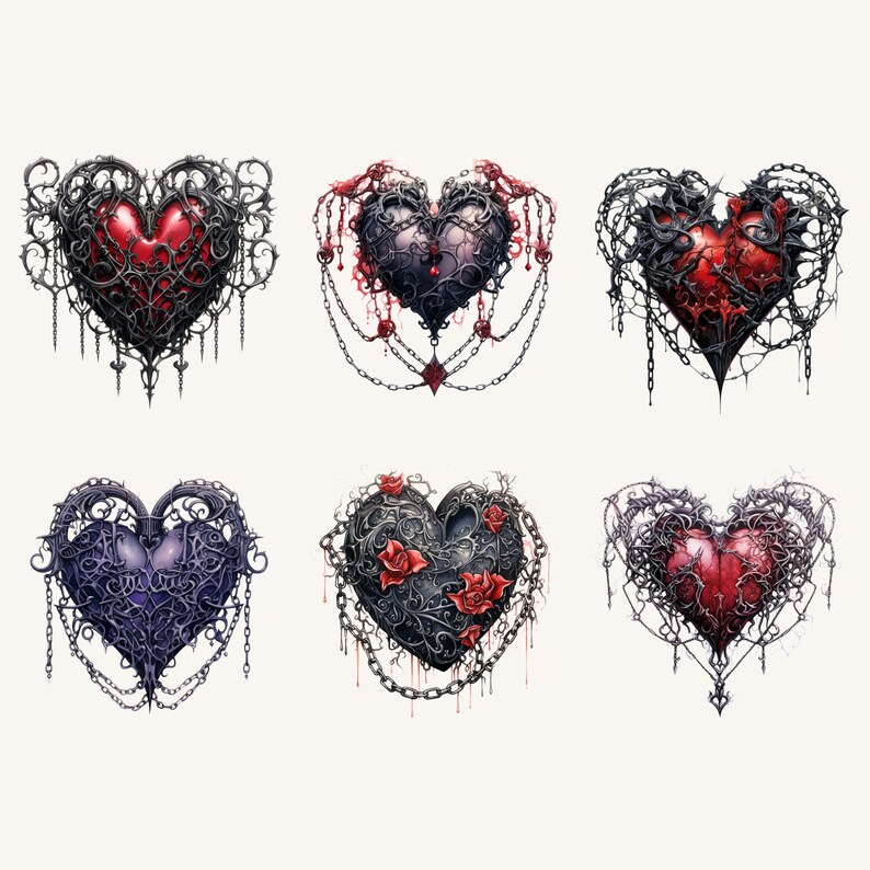 Gothic Chained Hearts, Watercolor Illustration, Cliparts, PNG Instant ...