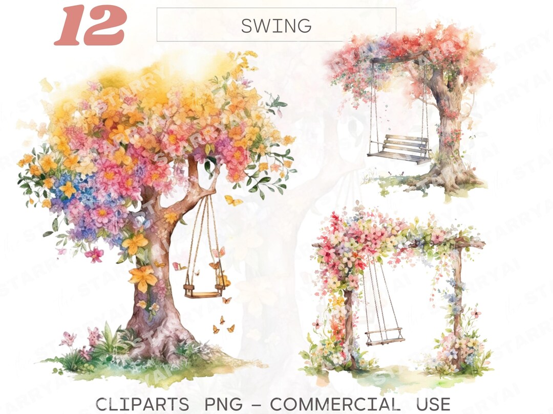 Tree Swings Watercolor, Spring Flowers, Illustration, Watercolour Clip ...