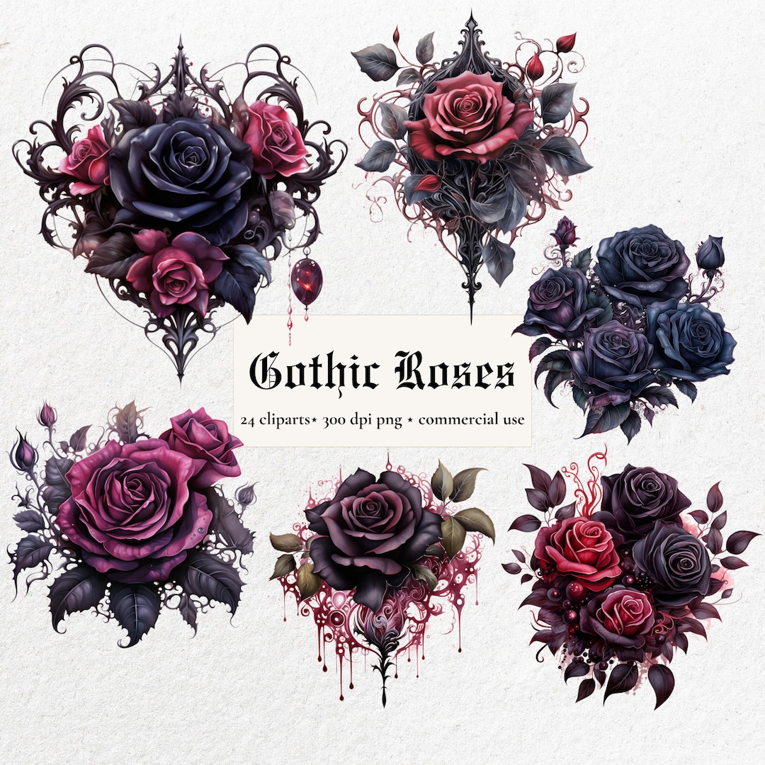 Gothic Roses Watercolor Illustration Cliparts, PNG Instant Download ...