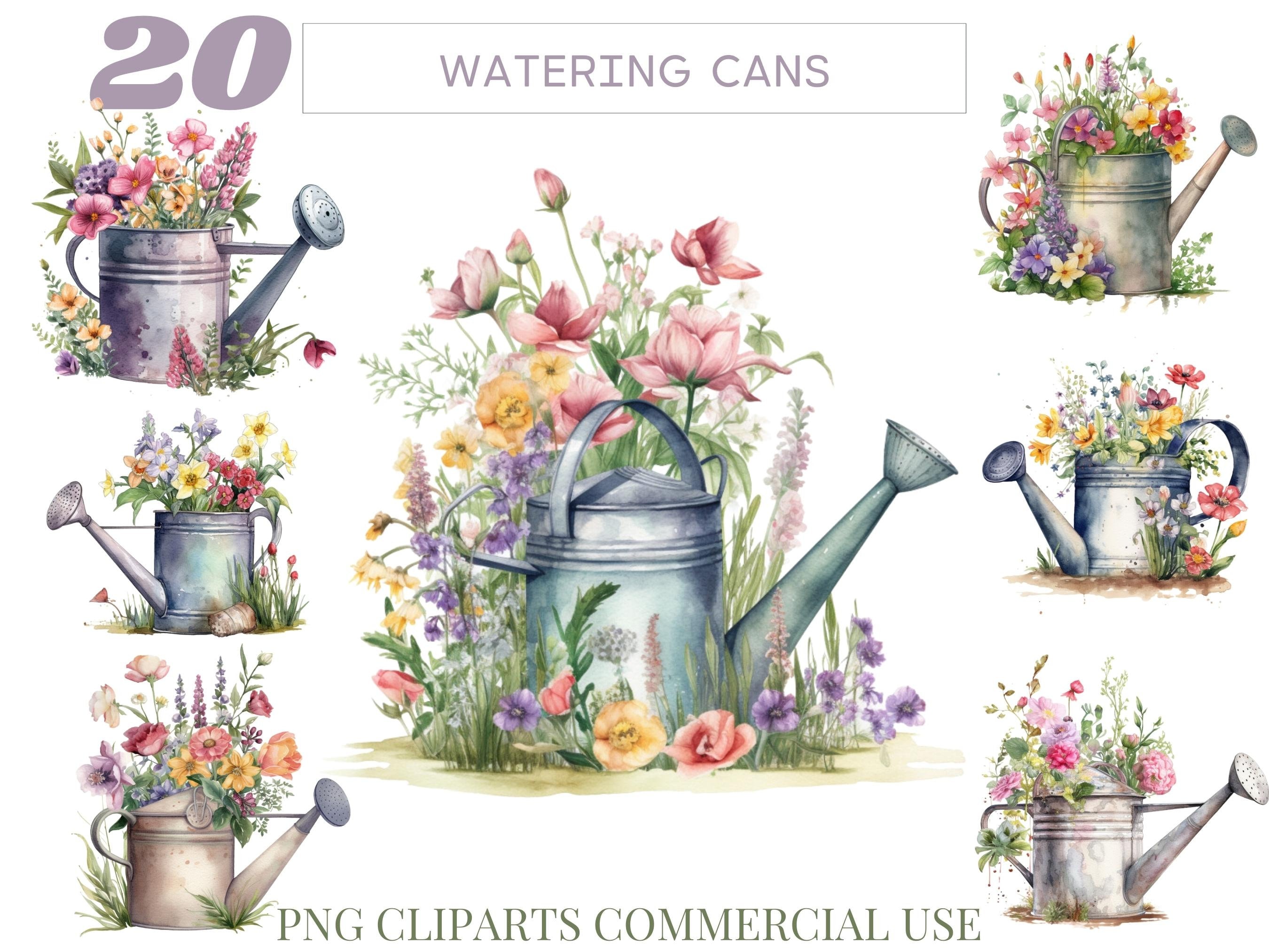 Watering Cans Spring Watercolour Clip-arts, Flowers Illustration, PNG ...