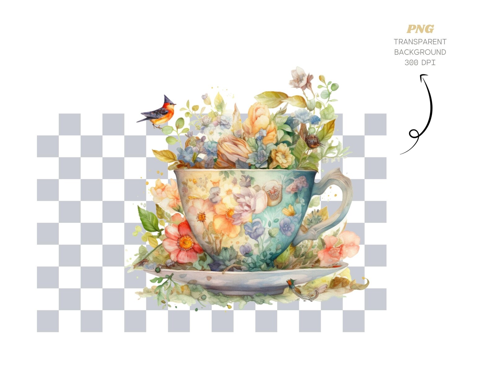 COFFEE CUPS Spring Flowers Illustration, Watercolour Clip-arts, PNG ...