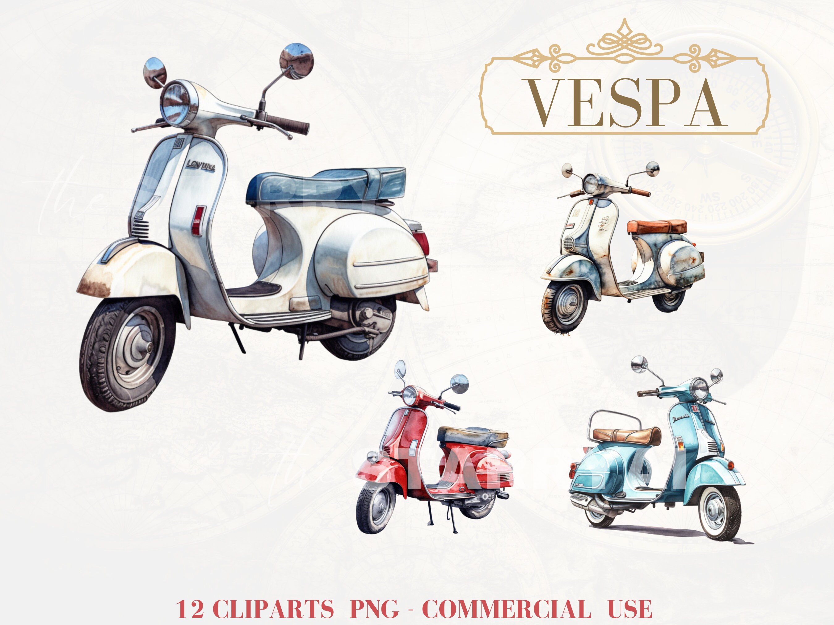 Vespa Watercolour Clipart Collection of Vespa Vintage - Etsy